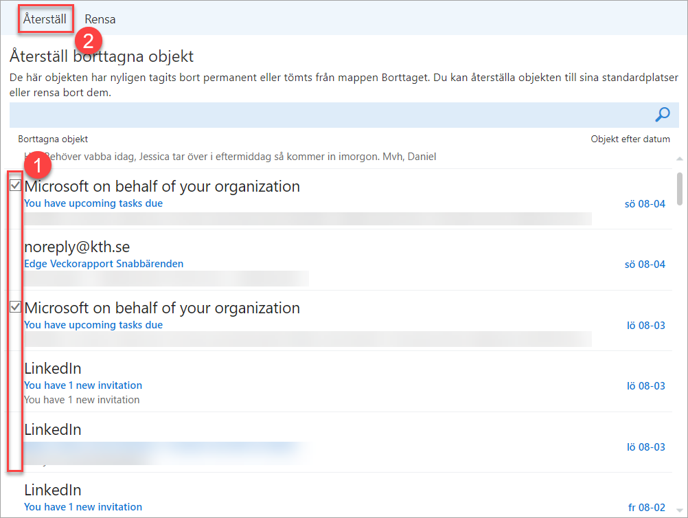 Återställa raderade objekt i KTH Webmail