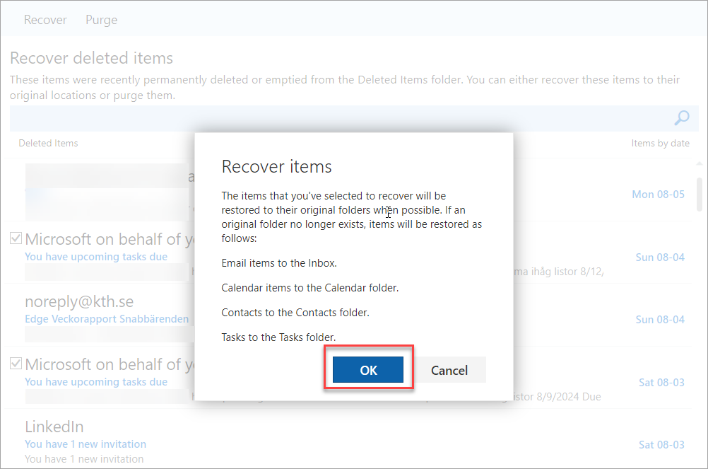 Recover deleted items in Outlook Webapp (KTH webmail) | KTH Intranet
